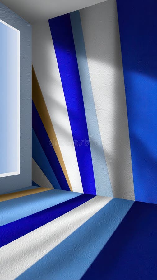 Abstract Interior Room with Blue White and Gold Stripes and Window ...