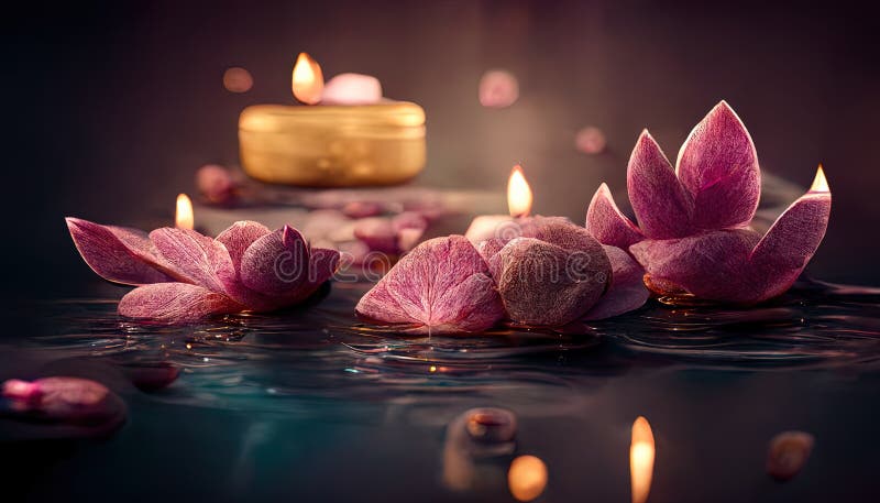 Abstract Interior Spa Background with Candles, Rose, Petals and Lotuses ...