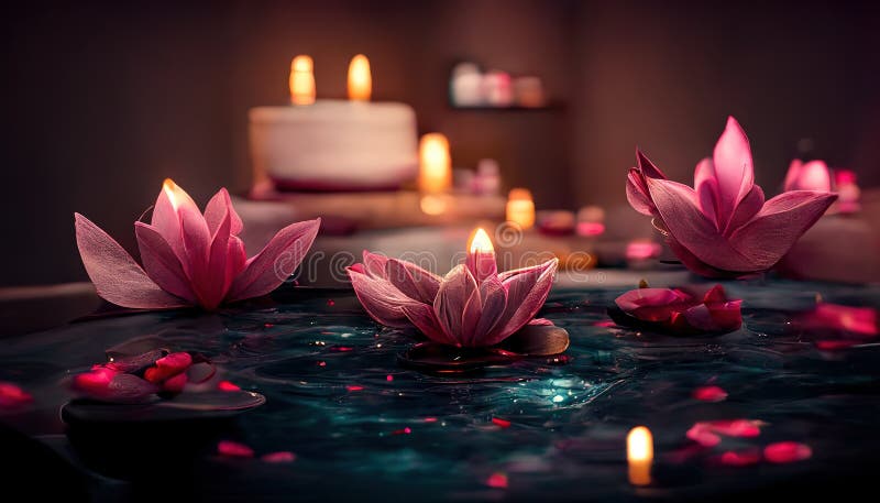 Abstract Interior Spa Background with Candles, Rose, Petals and Lotuses ...