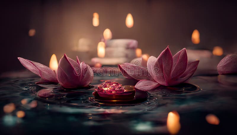 Abstract Interior Spa Background with Candles, Rose, Petals and Lotuses ...