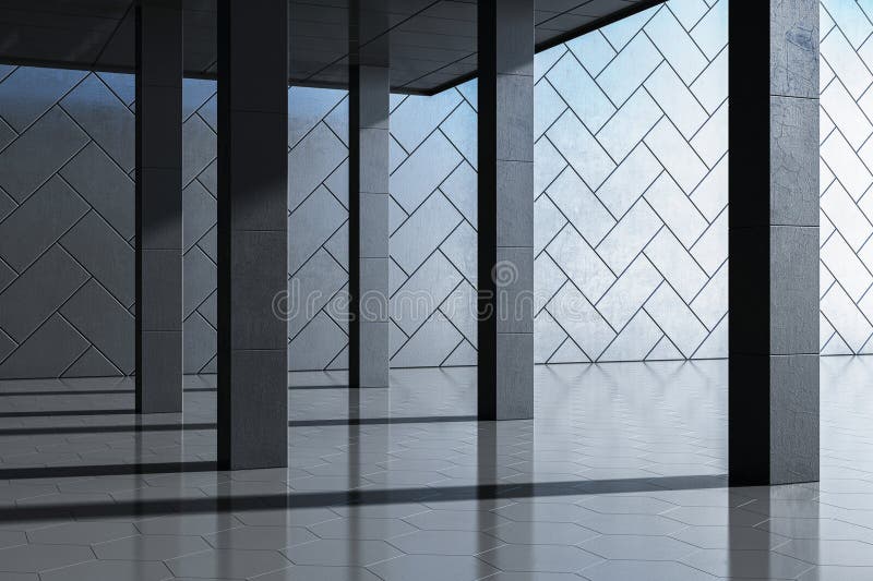 Abstract Interior with Tiled Walls, Structural Pillars Casting Shadows ...