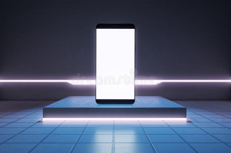 Abstract Interior with Mobile Phone on Pedestal, Tile Floor and Empty ...