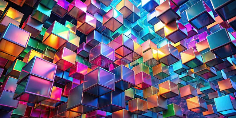 Abstract Iridescent Cube Cluster, Vibrant Color Spectrum, Dynamic Three-dimensional Composition ...