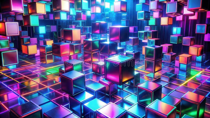Abstract Iridescent Cube Cluster in Vibrant Neon Light Display ...
