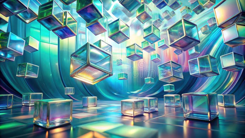 Abstract Iridescent Cubes Floating in a Vibrant, Swirling Environment ...