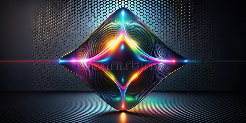 Abstract Iridescent Diamond Shape Glowing on Dark Hexagonal Background ...