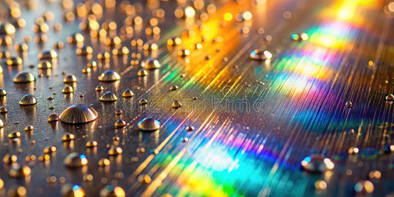 Abstract Iridescent Surface with Water Droplets Reflecting Light ...