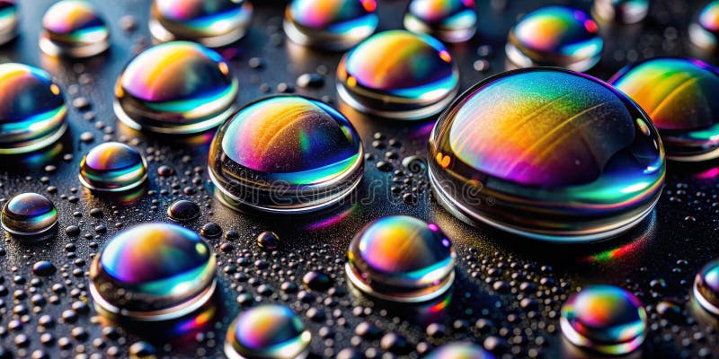 Abstract Iridescent Water Droplets on a Dark Surface, a Mesmerizing ...