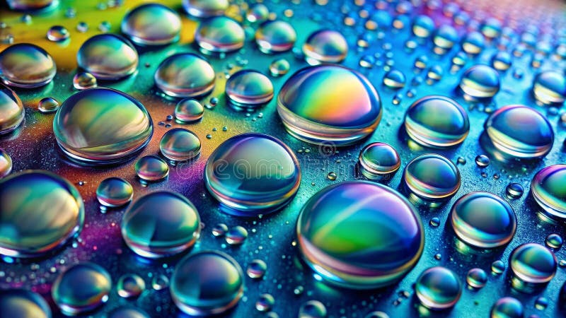 Abstract Iridescent Water Droplets on a Reflective Surface. Generative ...
