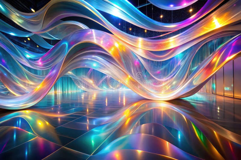 Abstract Iridescent Wave Installation in a Modern Interior Space with ...