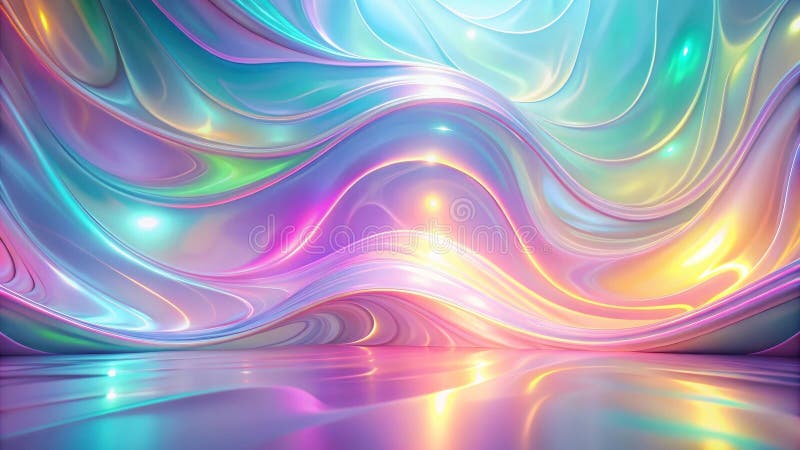 Abstract Iridescent Waves and Reflective Floor, Vibrant Pastel Colors ...