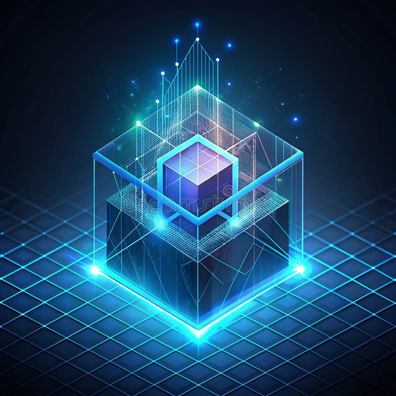 Abstract Isometric Background with Cubes, Lines and Glowing Lights ...