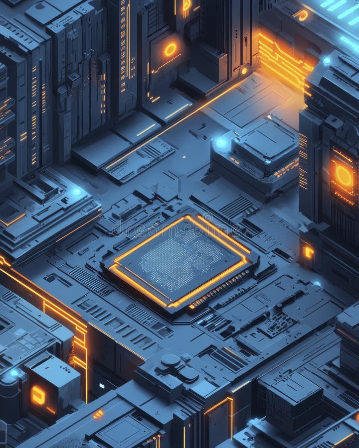 Abstract Isometric Circuit Board Digital Art with Glowing Orange Lines ...