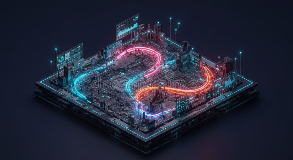 Abstract Isometric Circuit Board with Neon Data Flow Stock Illustration ...