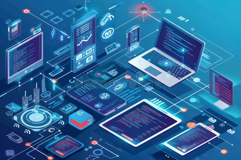 Abstract Isometric Digital Devices, Code, Data Network, Connections ...
