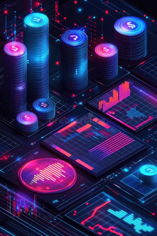 Abstract Isometric Financial Data Interface with Coins and Futuristic ...