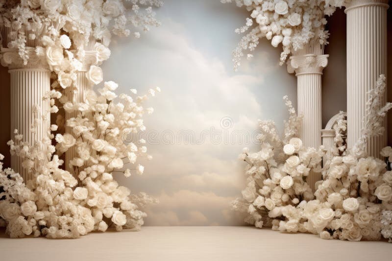 Abstract Ivory 3d Studio Background. Room with Flowers Columns Curtains ...