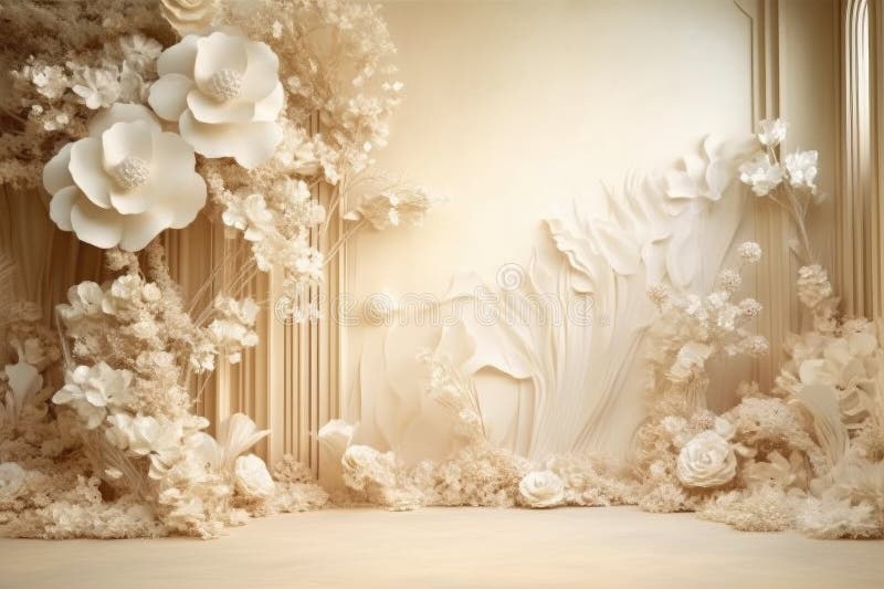 Abstract Ivory 3d Studio Background. Room with Flowers Columns Curtains ...