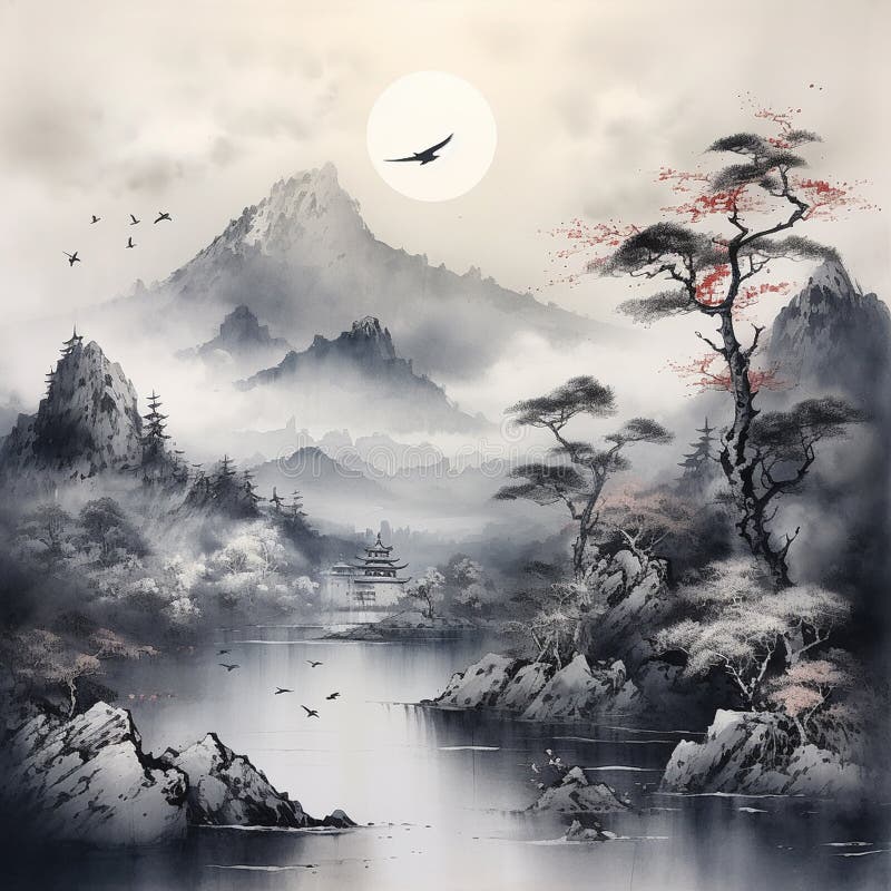 Abstract Japanese Ink Wash Art Stock Illustration - Illustration of ...