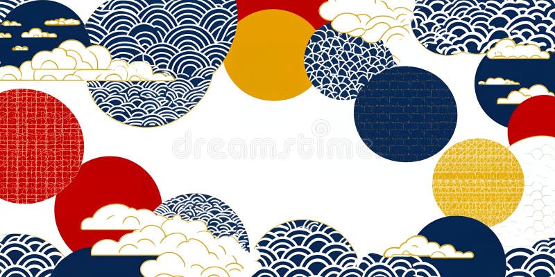 Abstract Japanese Inspired Design Circular Patterns Waves Clouds Red ...