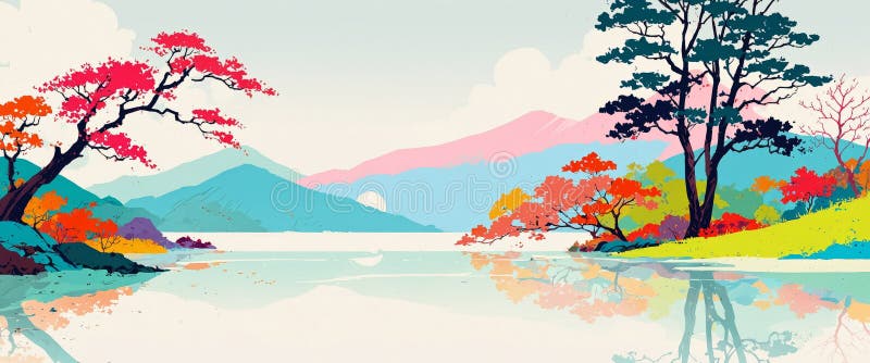 Abstract Japanese Landscape on Light Background with Bright Colours ...