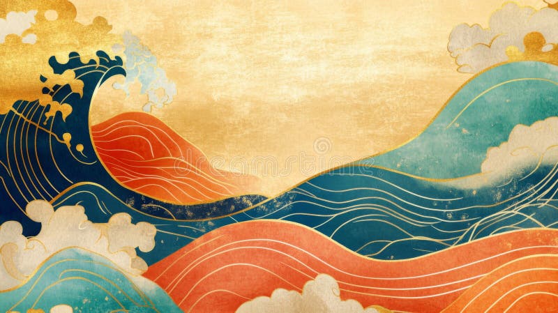 Abstract Japanese Wave and Mountain Landscape Stock Illustration ...