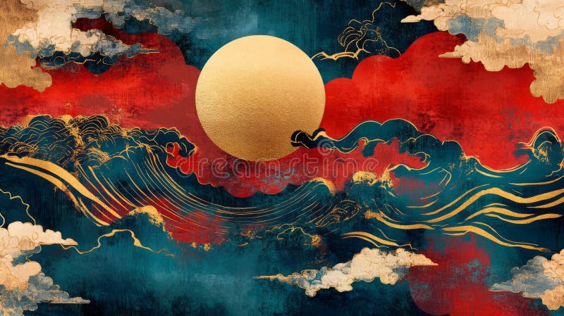Abstract Japanese Wave Painting with Gold Moon Stock Illustration ...