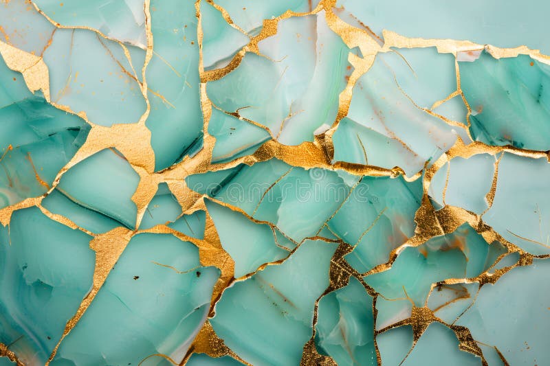 Abstract Kintsugi Background. Pastel Green, Mint and Gold Marble ...