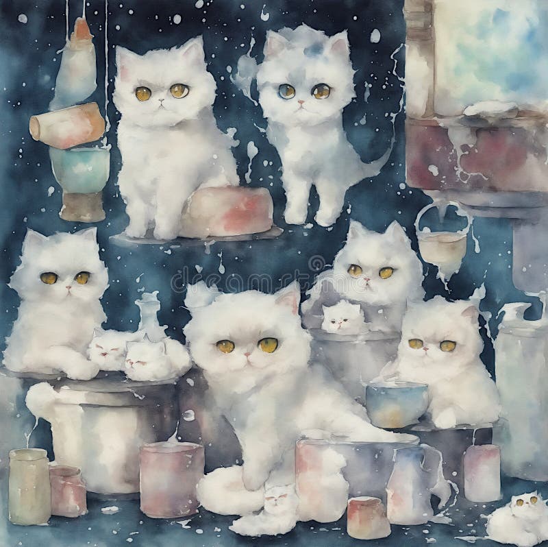 Abstract Kitties in the Kitchen Watercolor AI Generated Stock ...