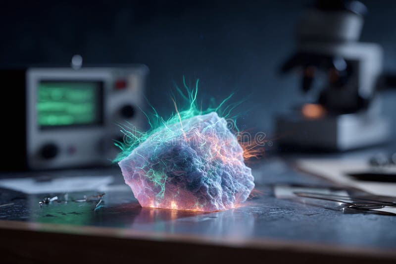 Abstract Lab Scene. Glowing Mineral Specimen on a Workbench with ...