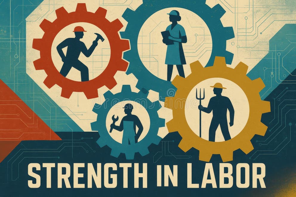 Abstract Labor Day Poster Illustration with Gears and Workers Stock ...