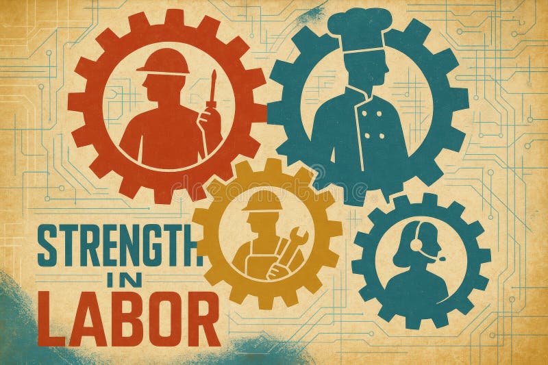 Abstract Labor Day Poster Illustration with Gears and Workers Stock ...