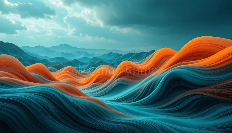 Abstract Land Form with Orange and Blue Waves Under Cloudy Sky Stock ...