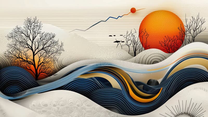 Abstract Landscape Art with Sun and Trees in Vibrant Colors and Unique ...