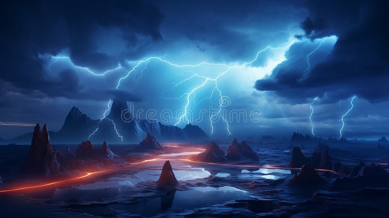 Abstract Landscape Background with Glowing Thunder 3d Rendering Stock ...