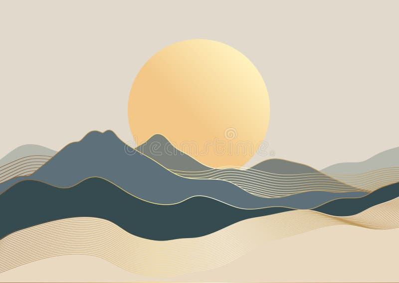 Abstract Landscape Background with Gold Flowing Lines and Golden Sun ...