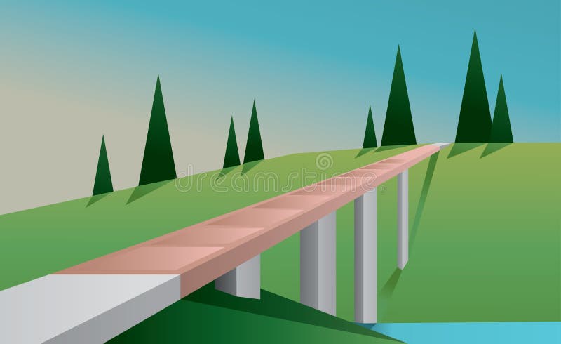 Abstract Landscape with a Bridge, a River, Trees and Green Fields, Flat ...