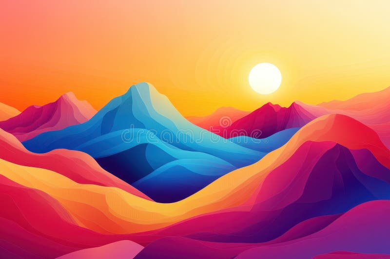 Abstract Landscape with a Bright Sun and Layered Mountains Stock ...
