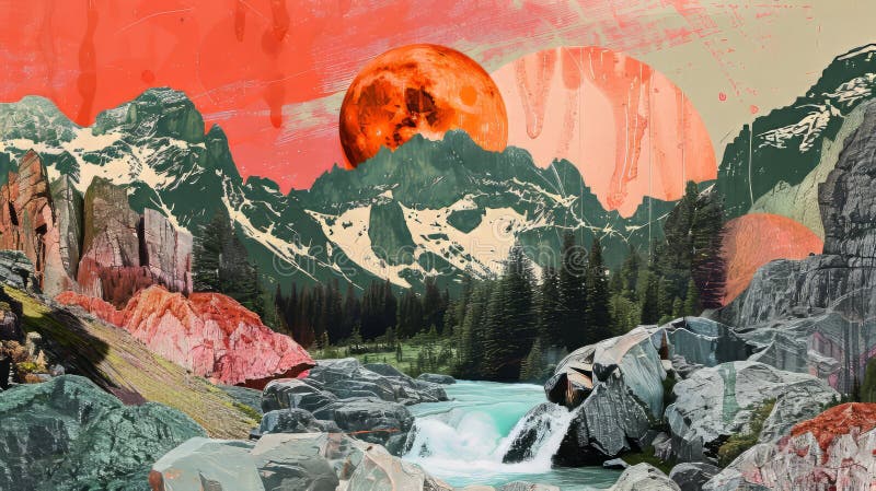 Abstract Landscape Collage with Mountains, Rivers, and Forests Stock ...