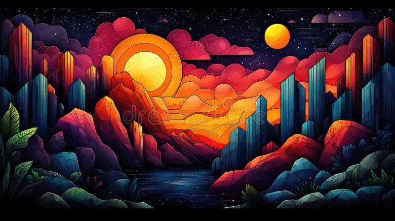 Abstract Landscape with Colorful Mountains a Sunset and Two Moons Stock ...