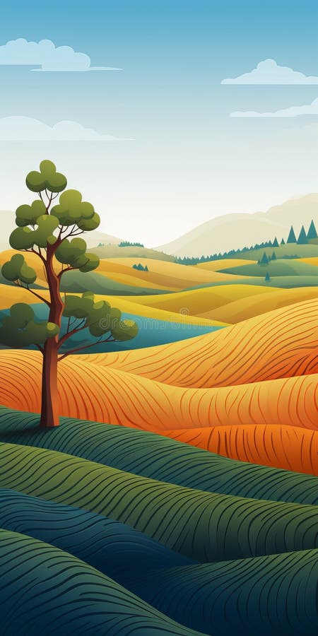 Colorful Agricultural Land Illustration with Forest and Dunes Stock ...