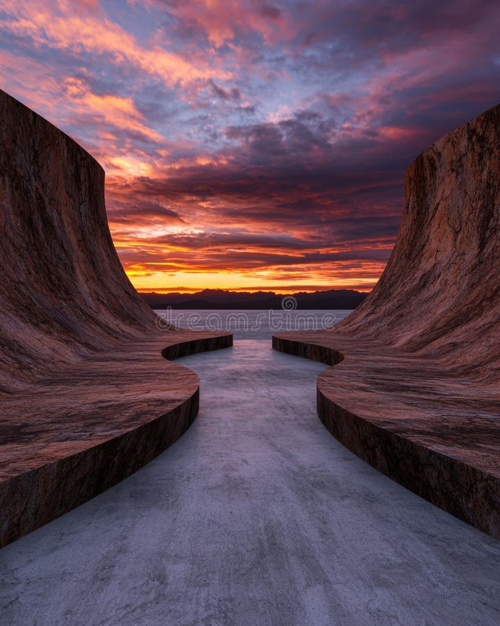 Abstract Landscape with Curved Stone Structures at Sunset Stock ...