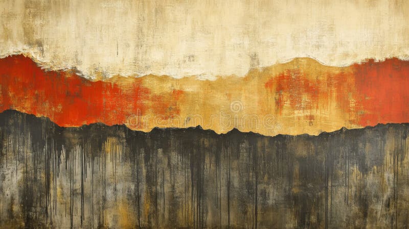 Abstract Landscape with Dripping Black Paint and Red, Gold, and White ...