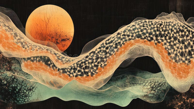 Abstract Landscape Featuring Flowing Forms, a Sun, and Layered Textures ...