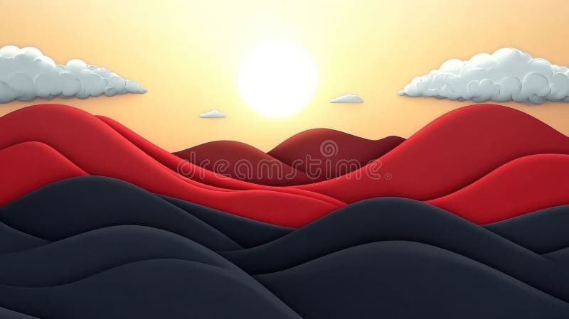 Abstract Landscape Featuring Layered Hills in Red and Black Under a Sun ...