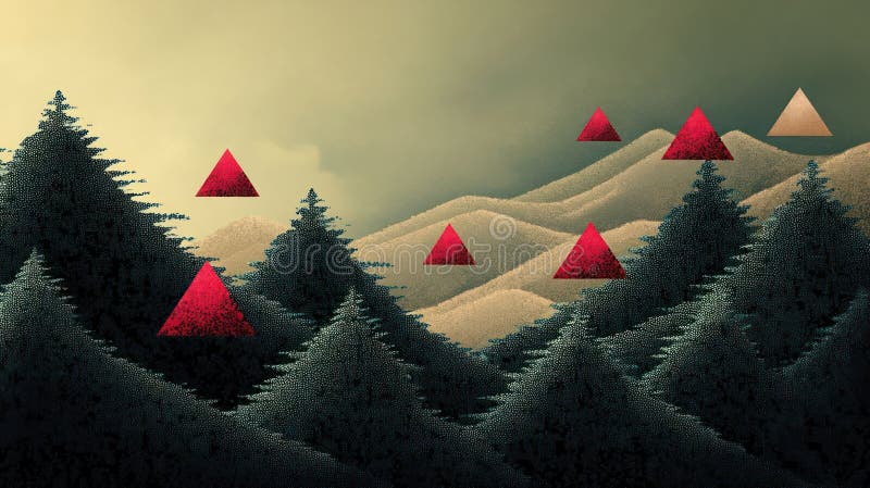Abstract Geometric Mountain Landscape with Red Triangles and Evergreen ...