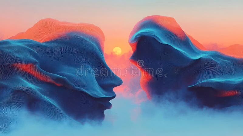 Abstract Landscape Featuring Two Faces Merging with a Sunset Backdrop ...
