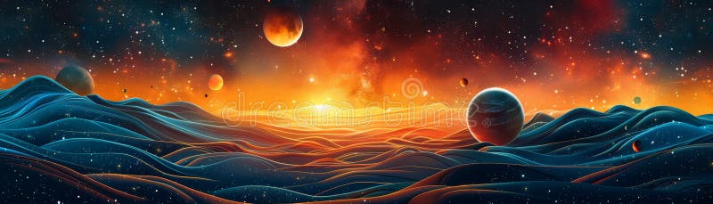 Abstract Landscape with Fiery Sky and Planets Stock Illustration ...