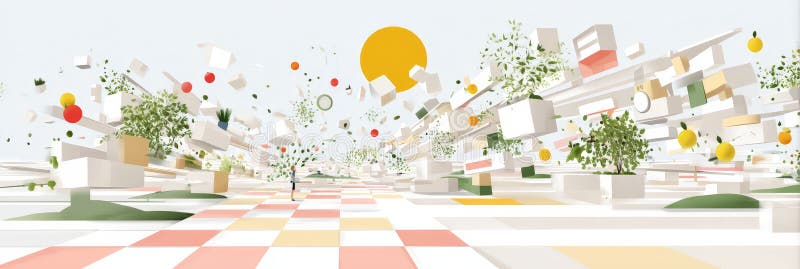 Abstract Landscape with Geometric Shapes and Floating Greenery Stock ...