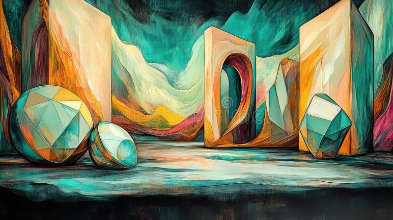 Abstract Landscape with Geometric Shapes and Vibrant Colors Stock ...